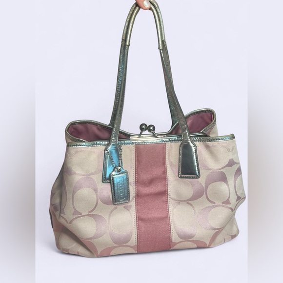 Coach | Bags | Vintage Coach Signature Stripe Frame Kiss Lock Carryall ...